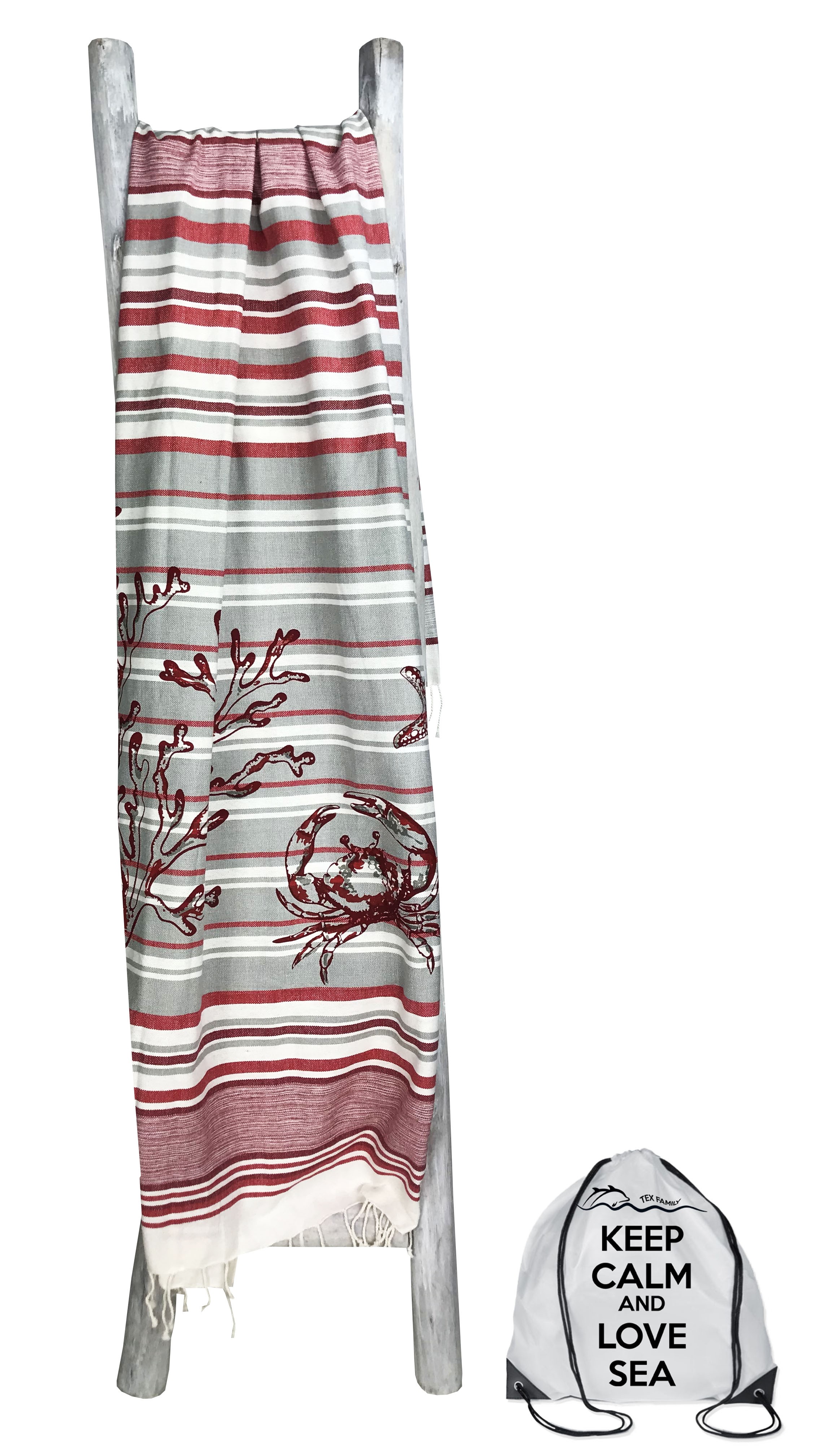 TELO MARE FOUTA GRANCHIO Rosso misura GRANDE con zaino Spiaggia KEEP ...